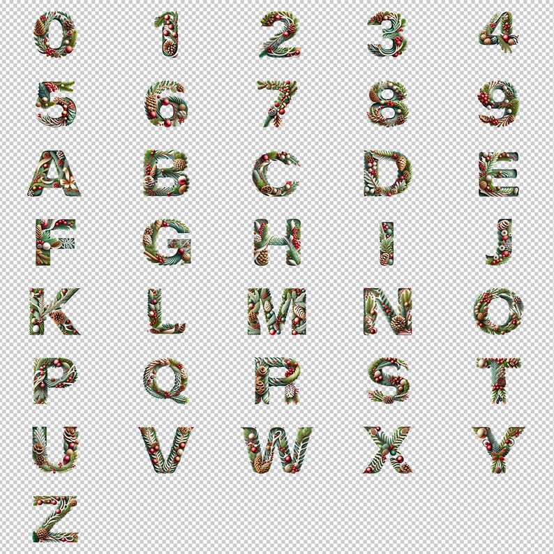 Evergreen Branches Letters PNG Numbers Set Christmas Bundle A-Z ...