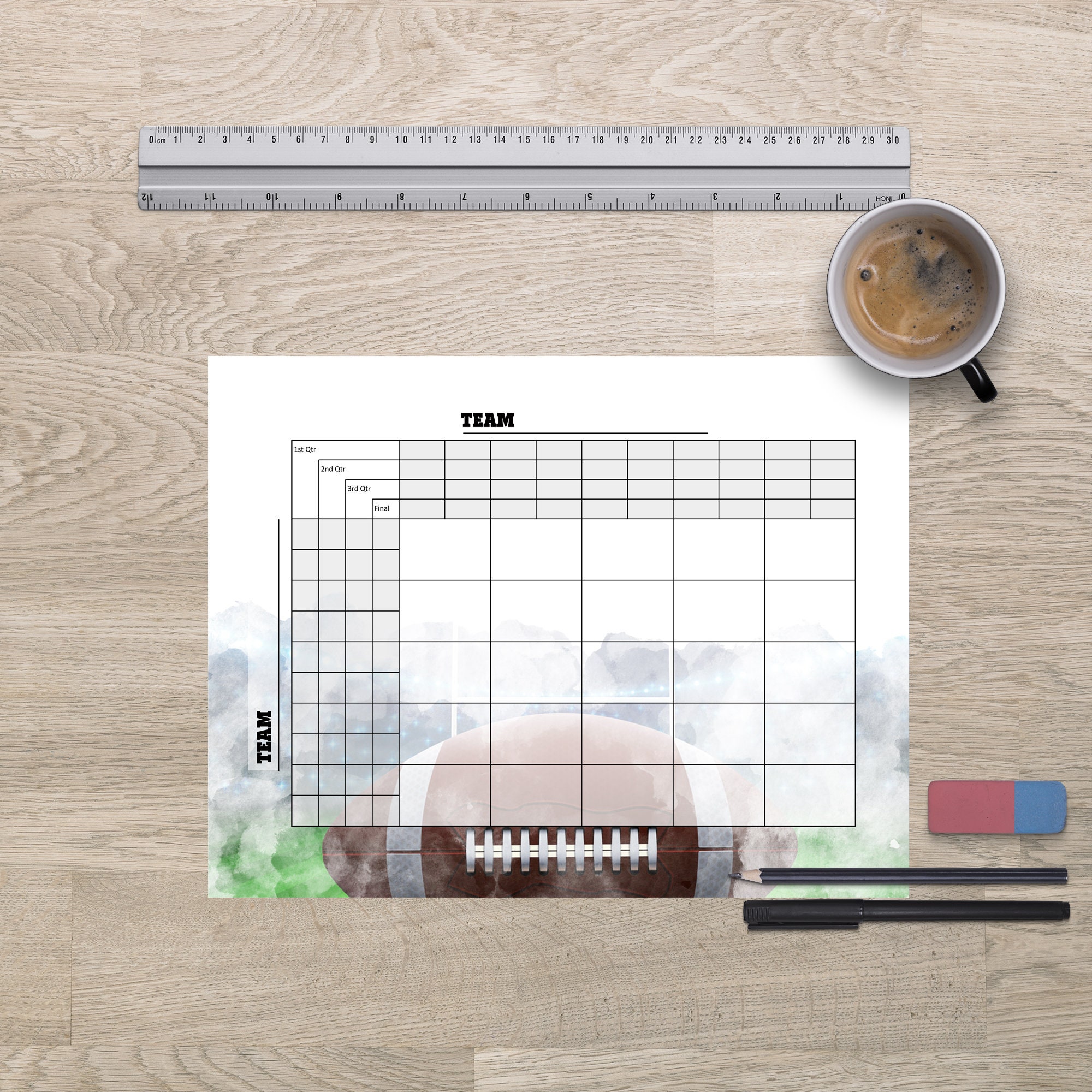 25 Square Football Grid With Quarter Lines Letter Page Size 11X8.5 ...