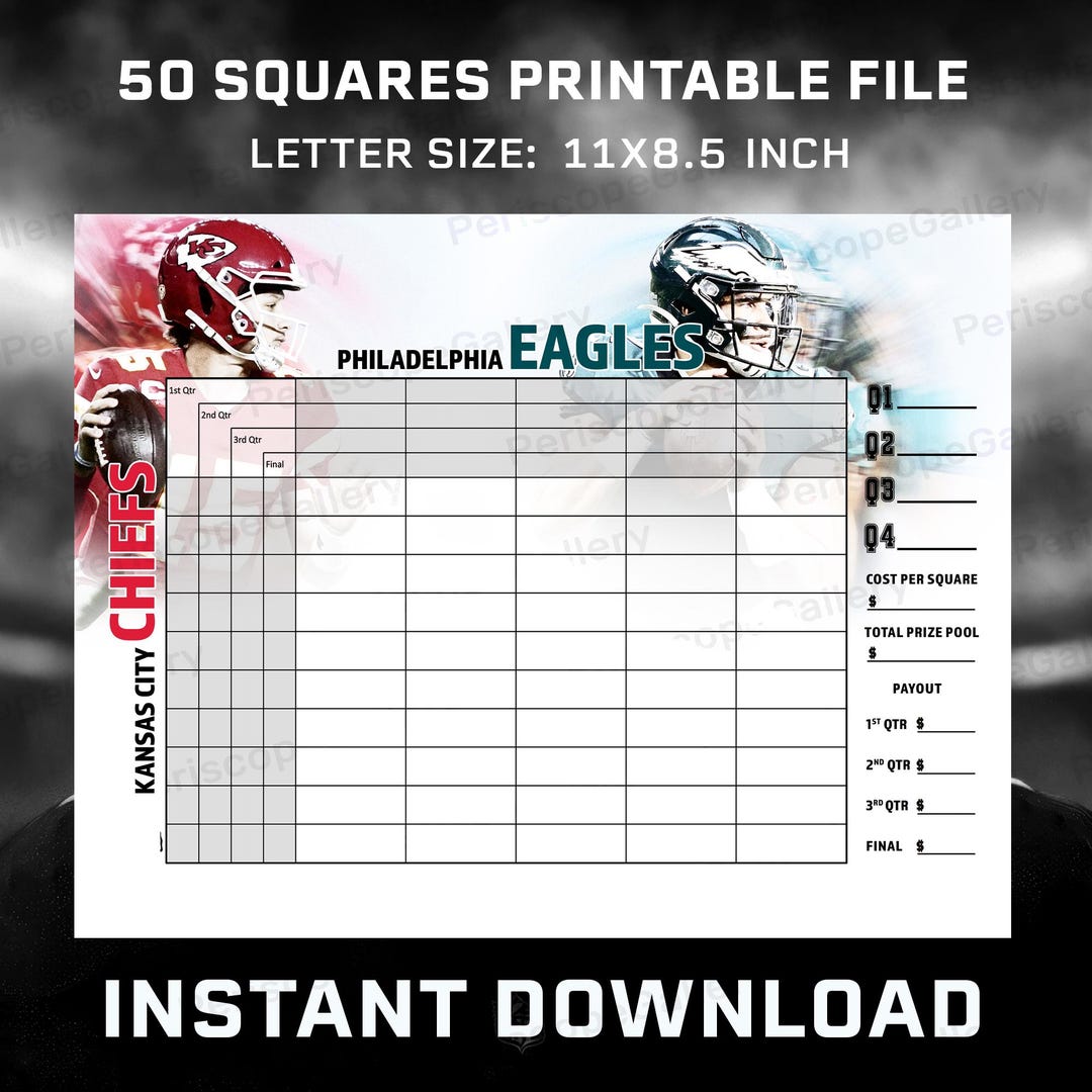 50-square Football Grid With Q1-Q4 Big Game 2025 Instant Download ...