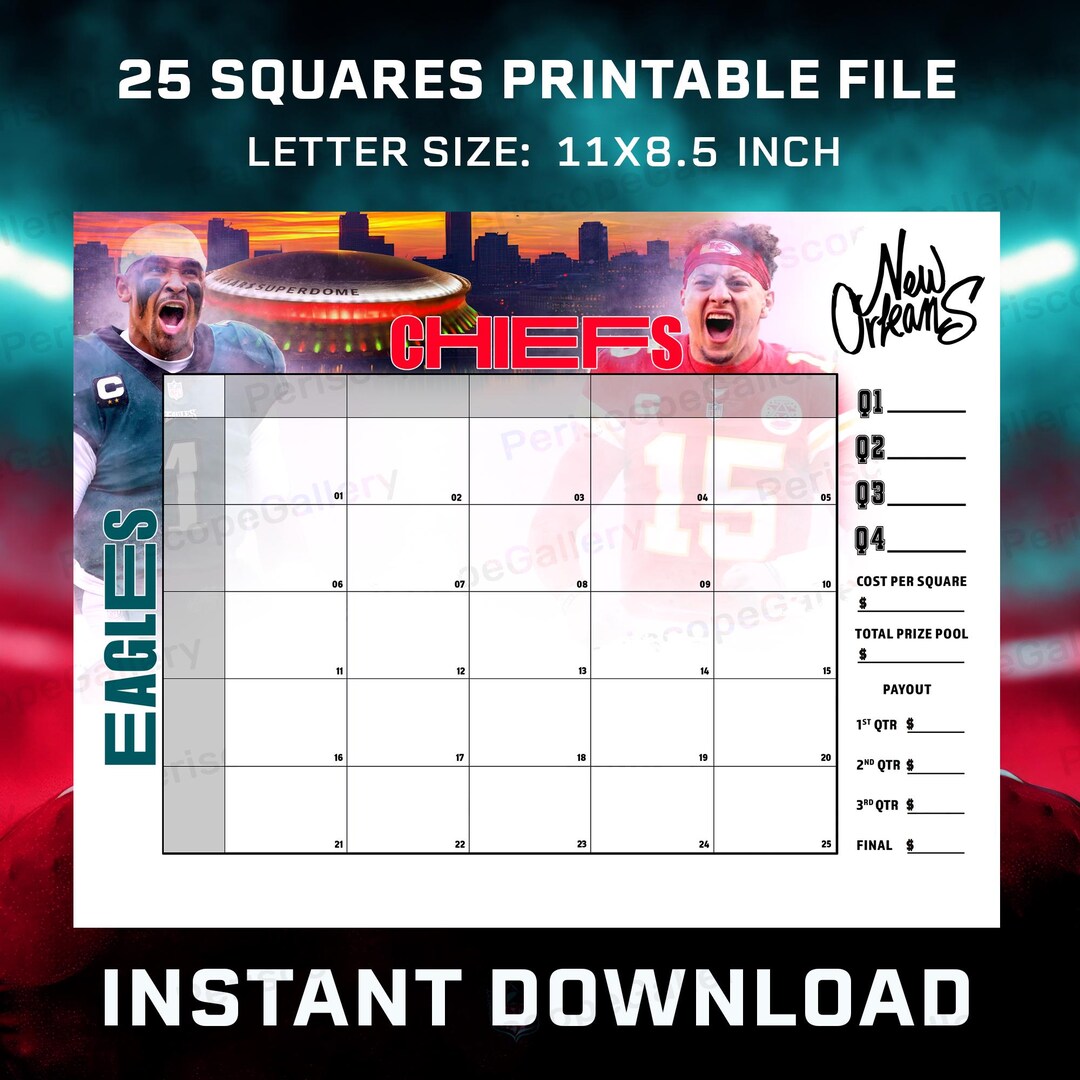 Printable Football Squares Game 25-box Pool Grid With Numbers Big Game ...