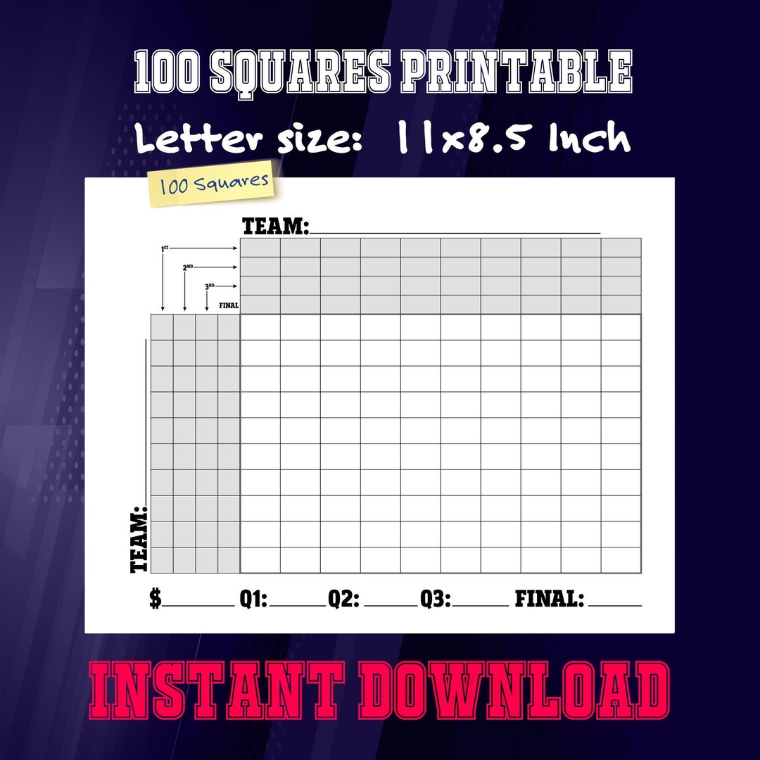 100 Squares q1, q2, q3, and final Grid Printable Football Square, 1 ...