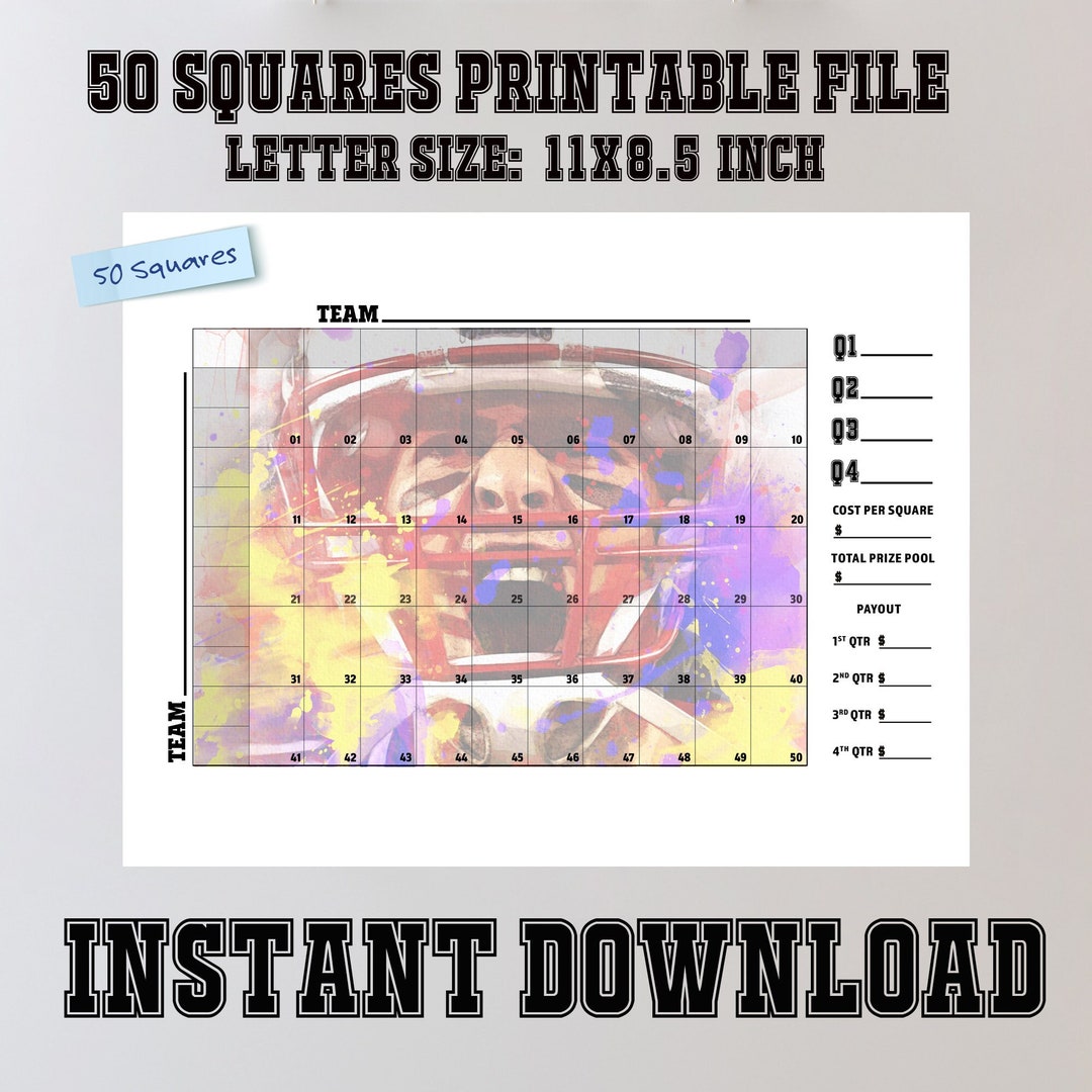 50 Squares With Numbers Printable Football Squares Game Instant ...