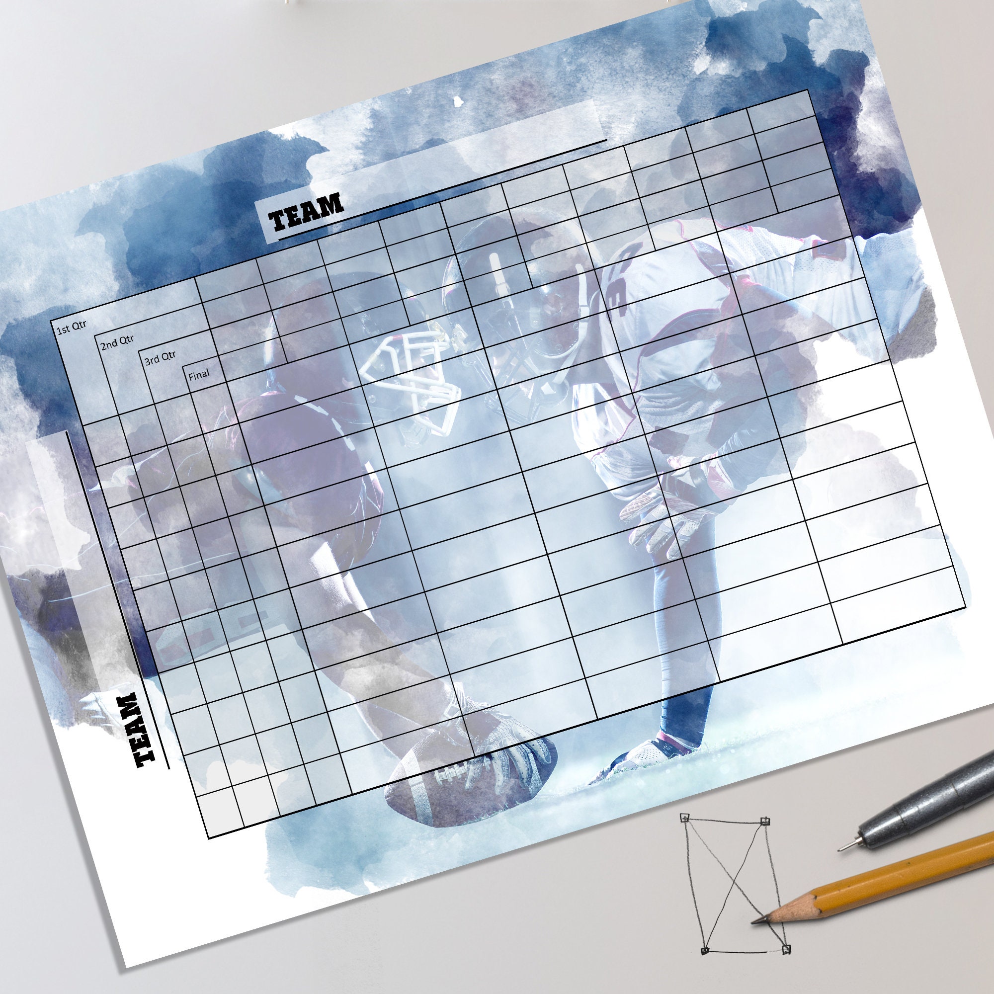 50 Square Football Grid With Quarter Lines Letter Page Size 11X8.5 ...