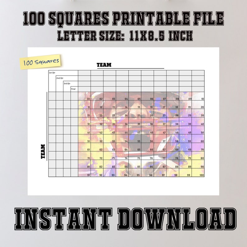 Printable Football Squares Quarters 100 Numbers Squares Game Instant ...