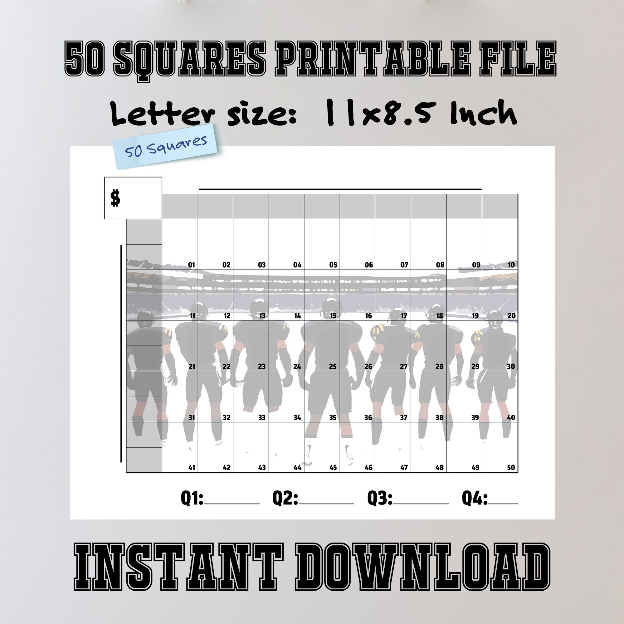 2024 Super Bowl LVIII Design: Numbered Football Squares, 50 Grid ...
