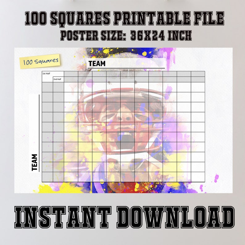Printable Super Bowl Squares Halftime 100 Squares Game Instant Download ...