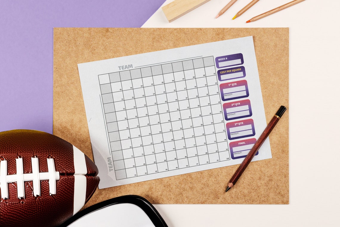 Printable Football Grid Numbers for 100 Squares Instant Download 11x8.5 ...
