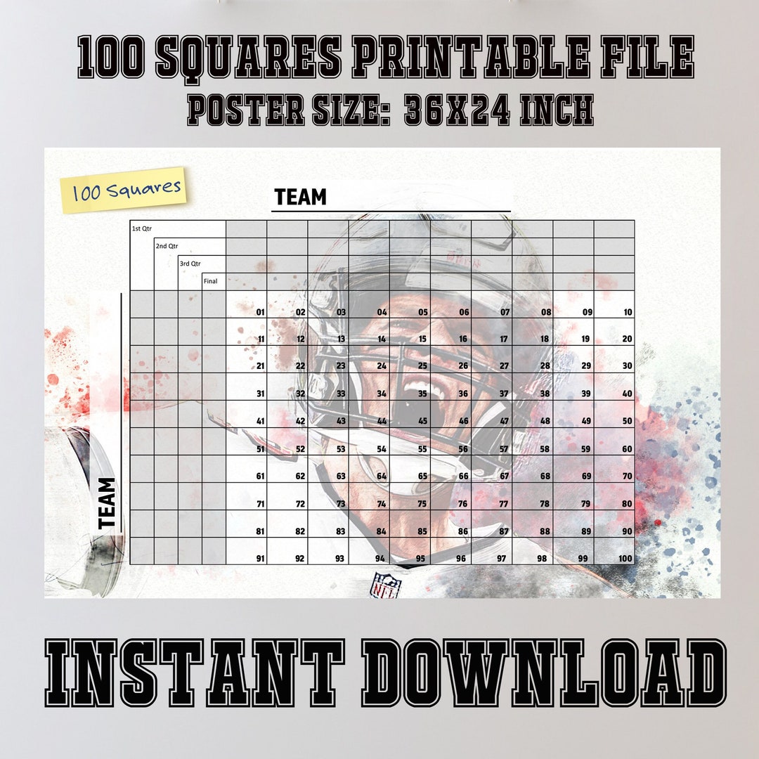 Printable Super Bowl Squares 4 Quarters 100 Numbers Squares Game ...