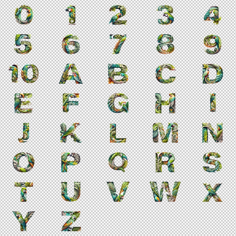 Jungle Vine & Parrot Letters PNG Numbers Set Jungle Bundle A-Z Alphabet ...