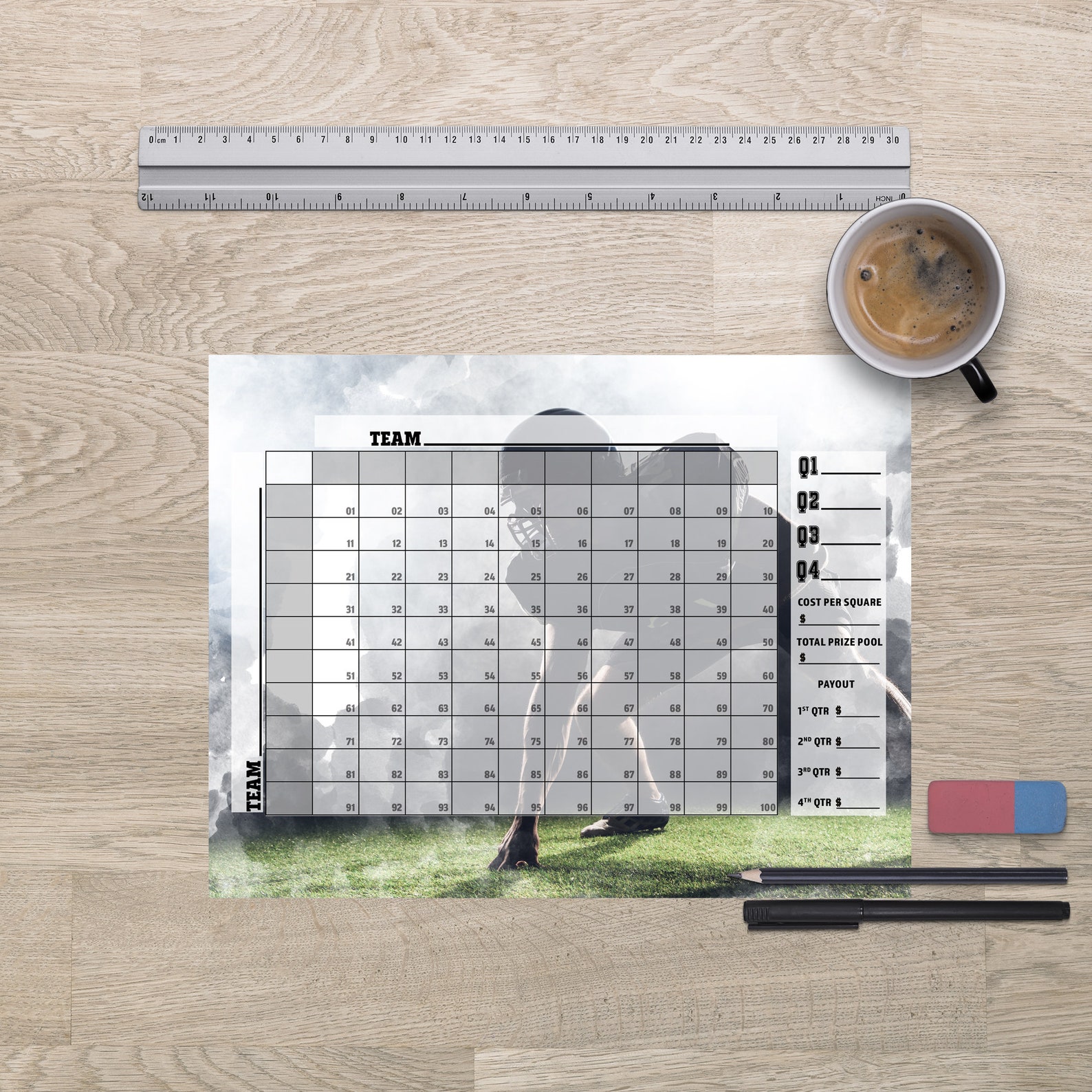 Printable 100 Squares Football Grid With Numbers Instant Download 11x8 ...