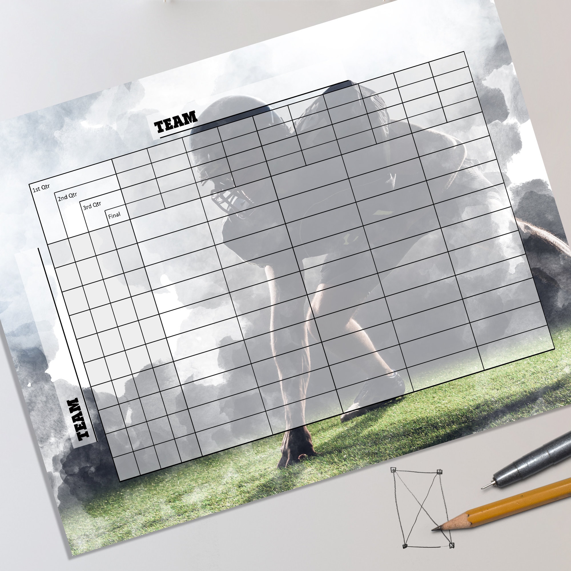 50 Square Football Grid With Quarter Lines Letter Page Size 11X8.5 ...