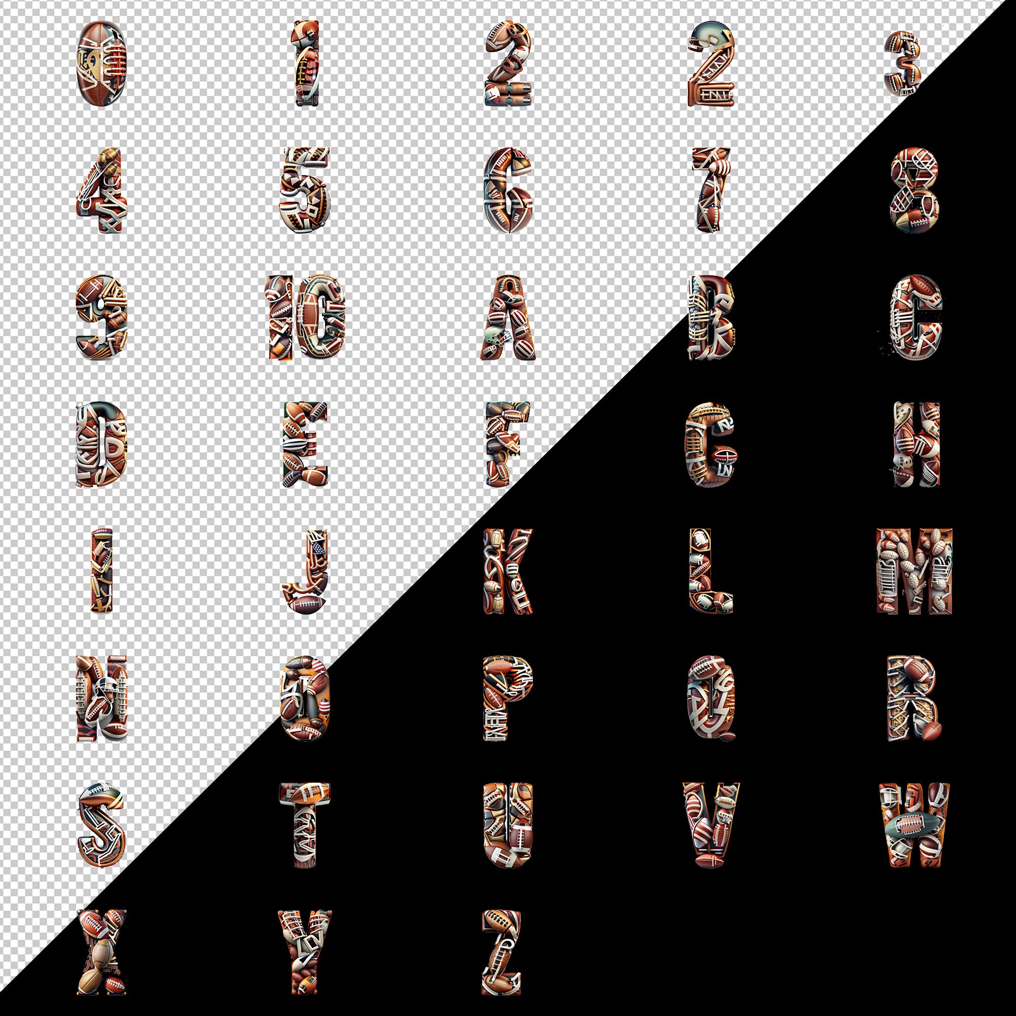 American Football Letters PNG Split Alphabet AI Art Sublimation Text ...