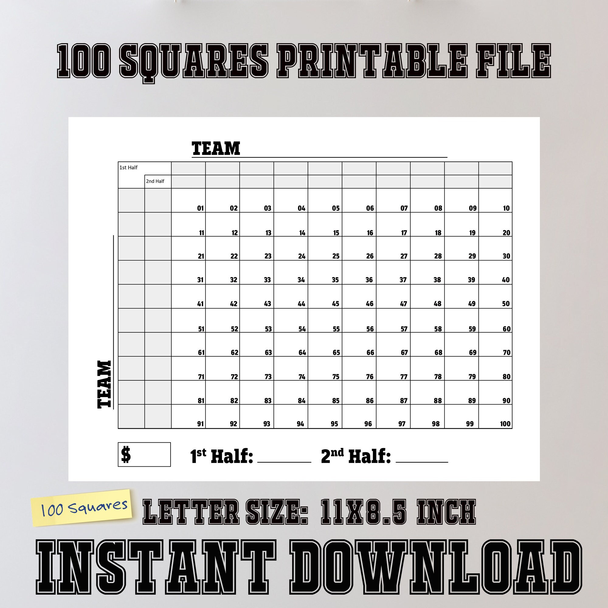 Printable Football Squares Halftime 100 Numbers Squares Game Instant ...