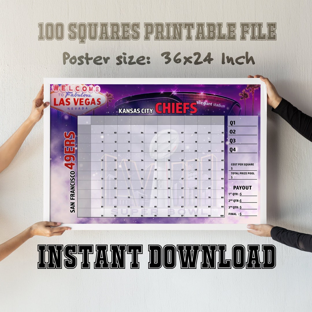 2024 Super Bowl Squares Game Poster, 100numbered Grid Instant Download ...