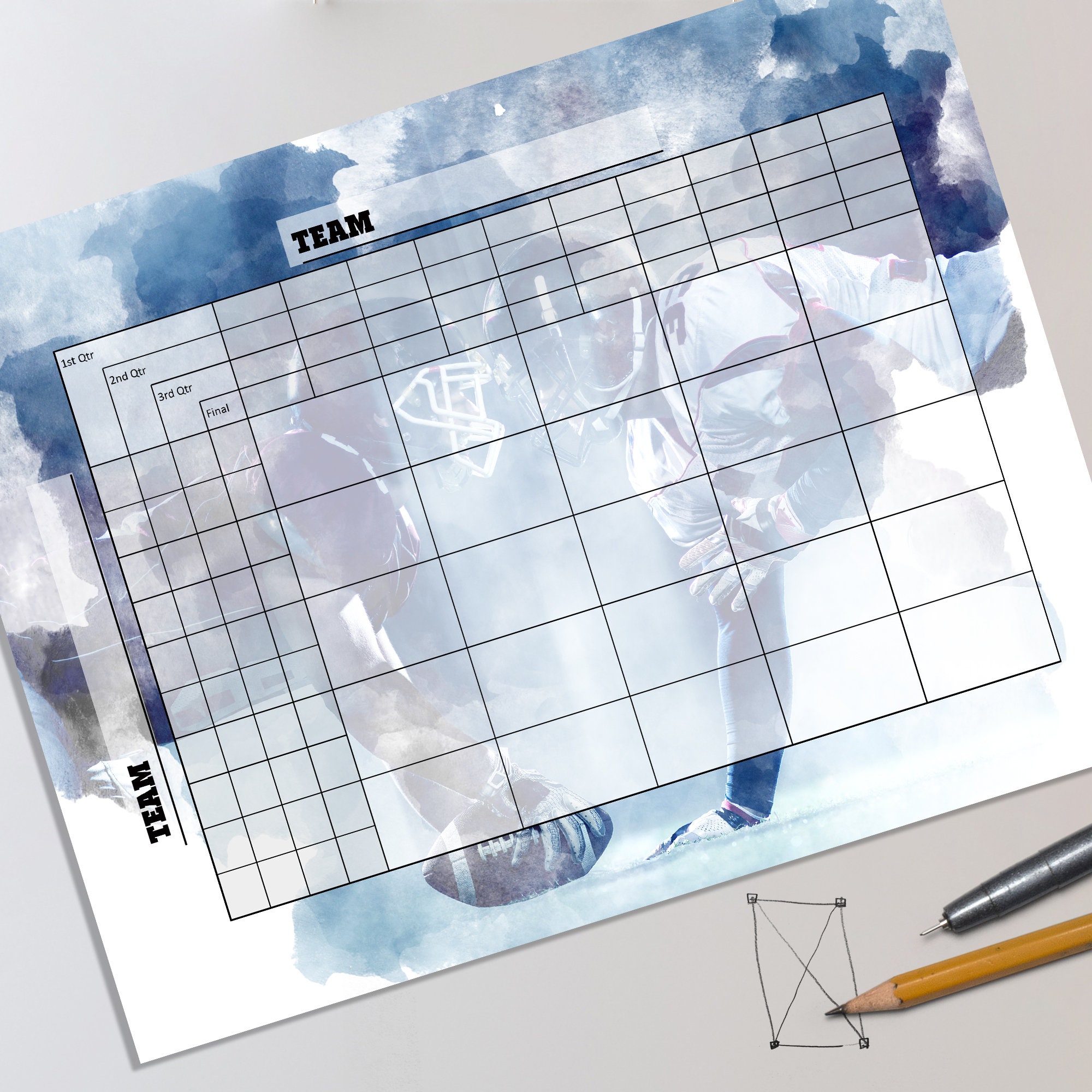 25 Square Football Grid With Quarter Lines Letter Page Size 11X8.5 ...