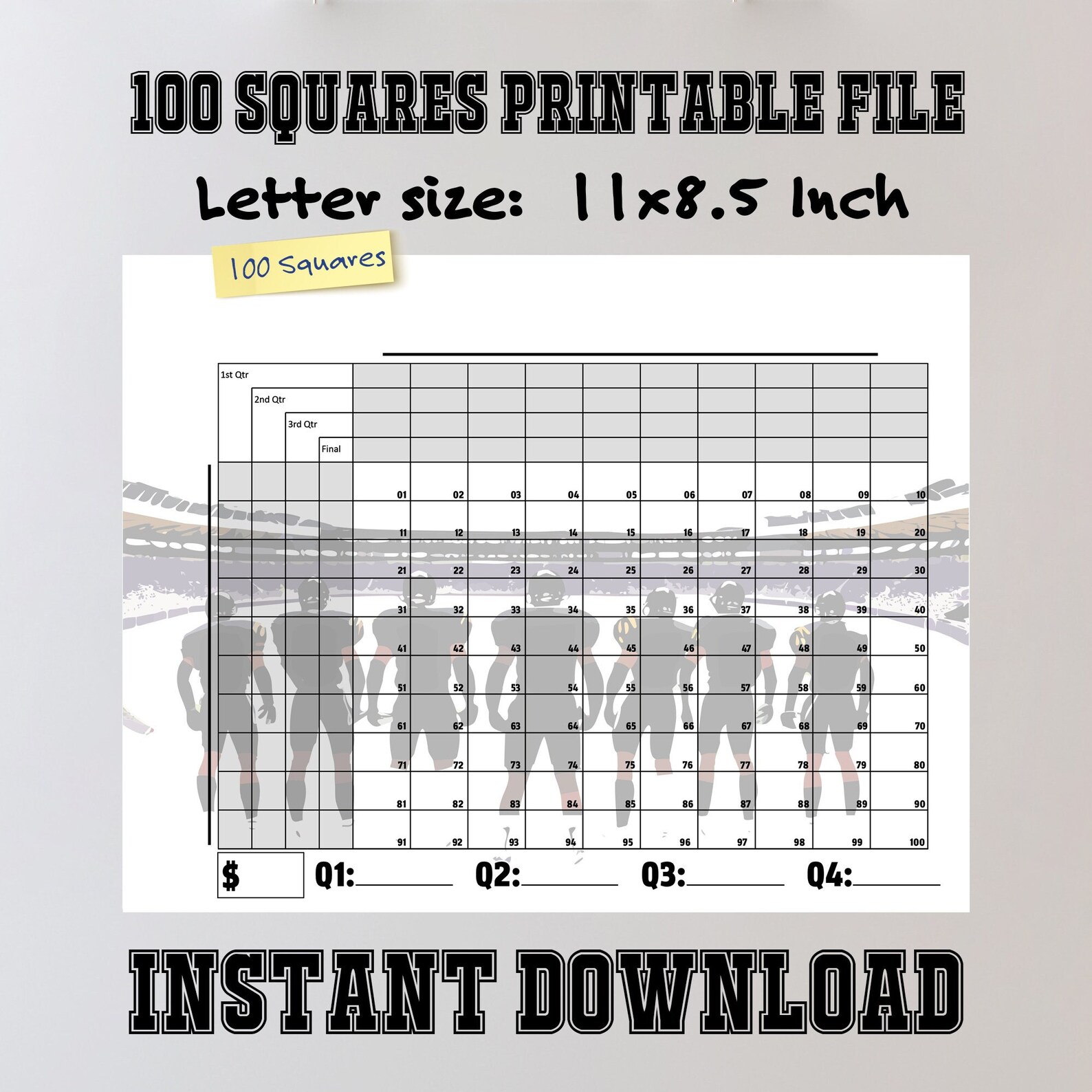 2024 Super Bowl LVIII Numbered Quarters Grid, Printable 100 Squares ...