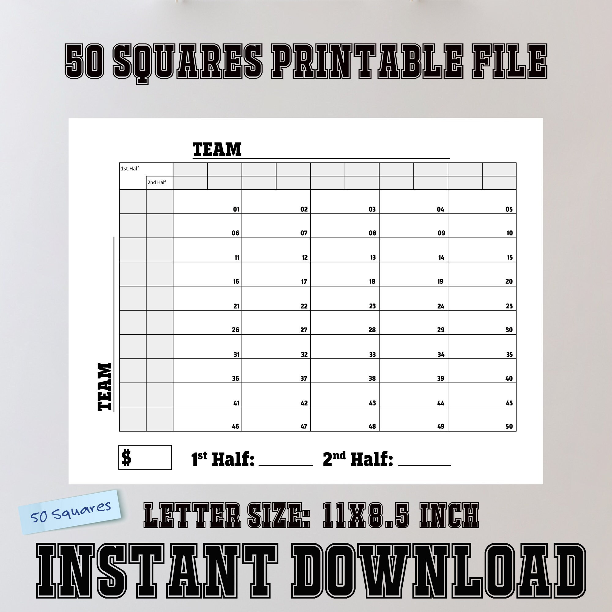 Printable Football 50 Squares Halftime Numbers | Squares Game | Instant ...