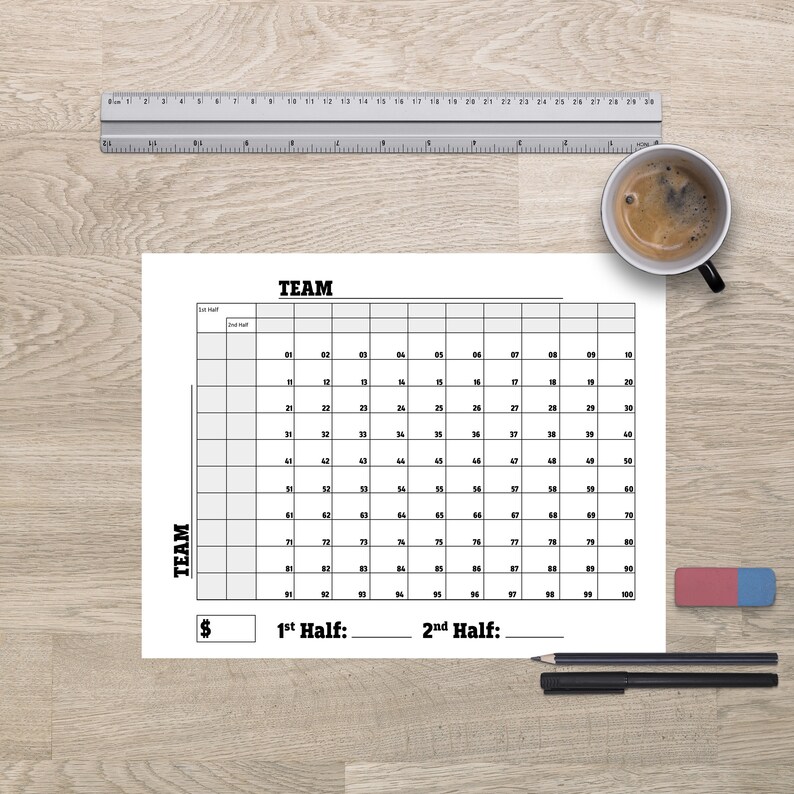 Printable Football Squares Halftime 100 Numbers Squares Game Instant ...