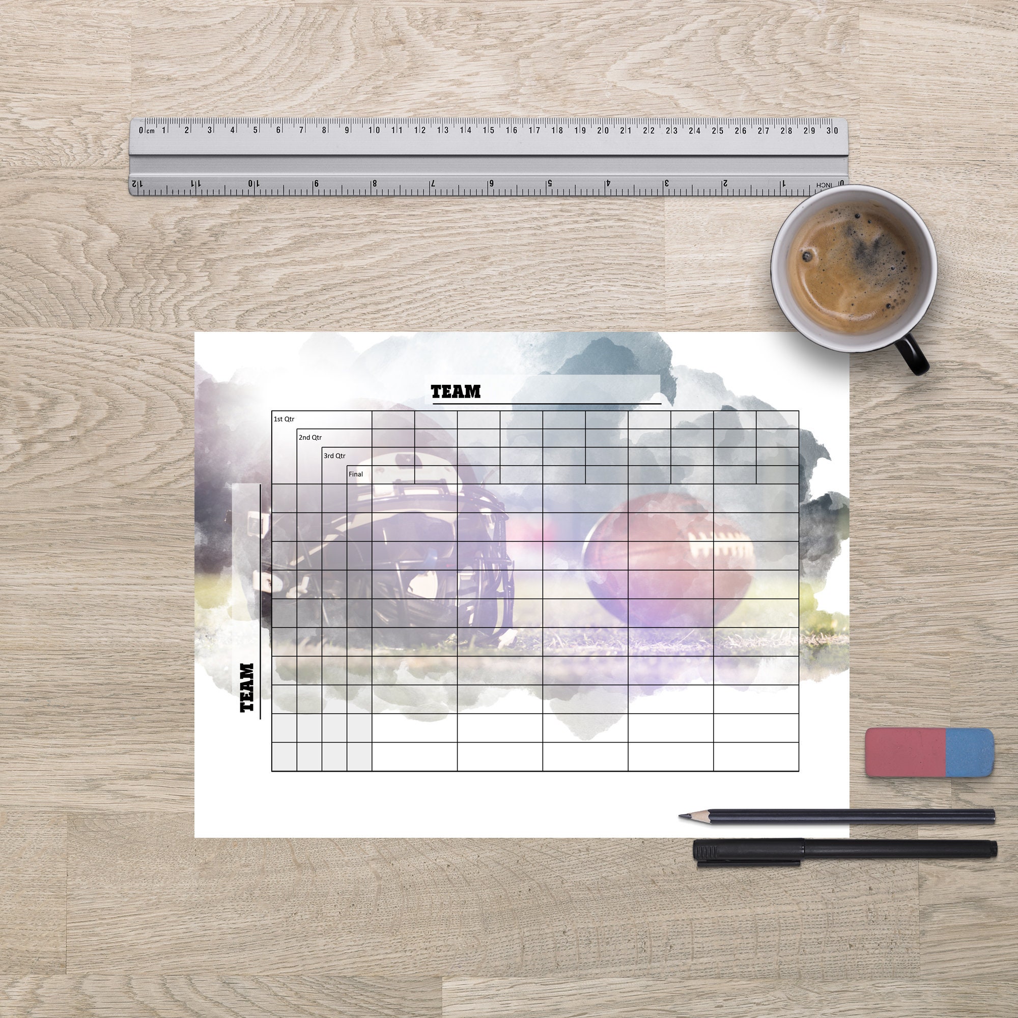 50 Square Football Grid With Quarter Lines Letter Page Size 11X8.5 ...