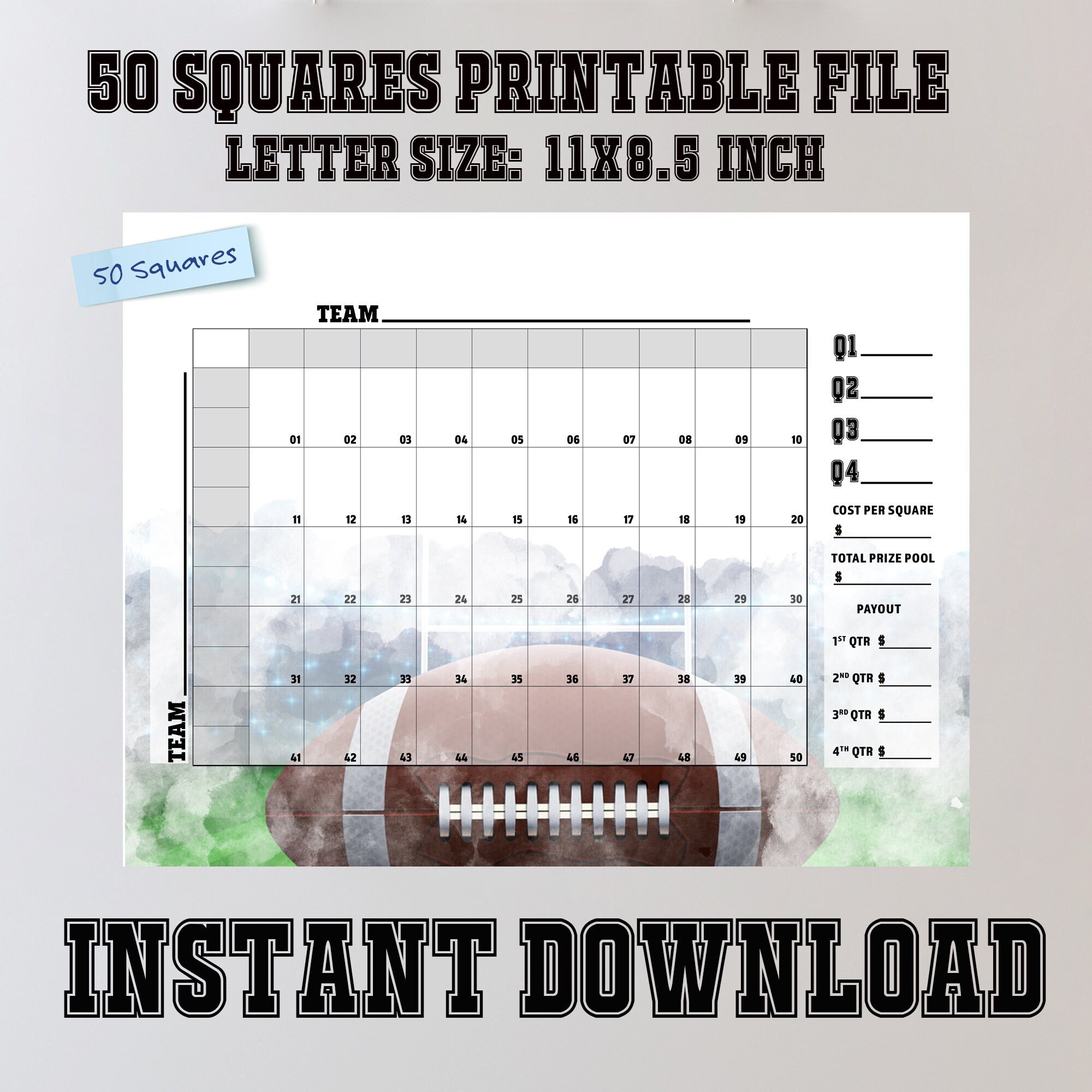 50 Squares With Numbers - Printable Football Squares Game| Instant ...