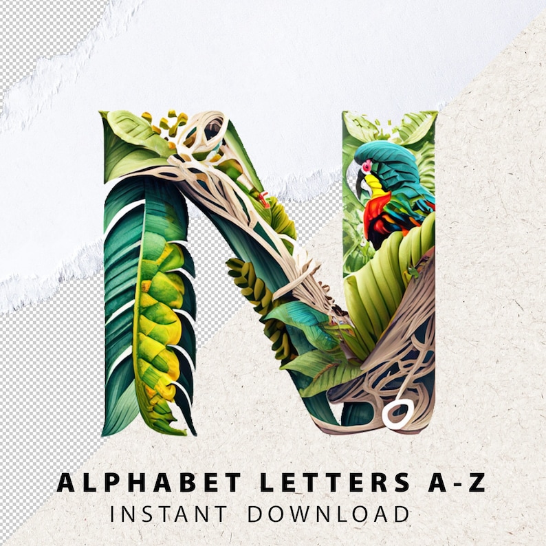 Jungle Vine & Parrot Letters PNG Numbers Set Jungle Bundle A-Z Alphabet ...