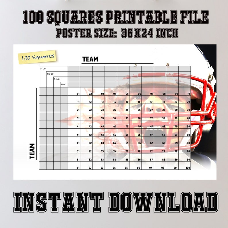 Printable Super Bowl Squares 4 Quarters 100 Numbers Squares Game ...