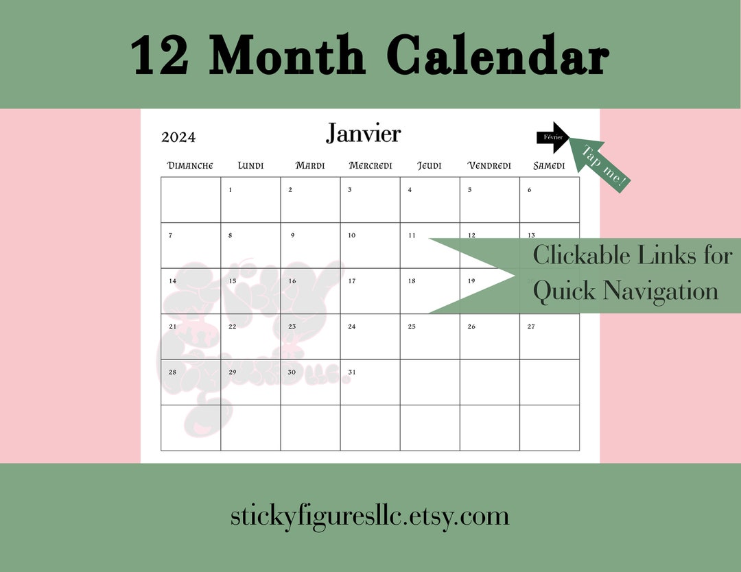 2024 Printable French Calendar Landscape, Monthly Calendar 2024 ...