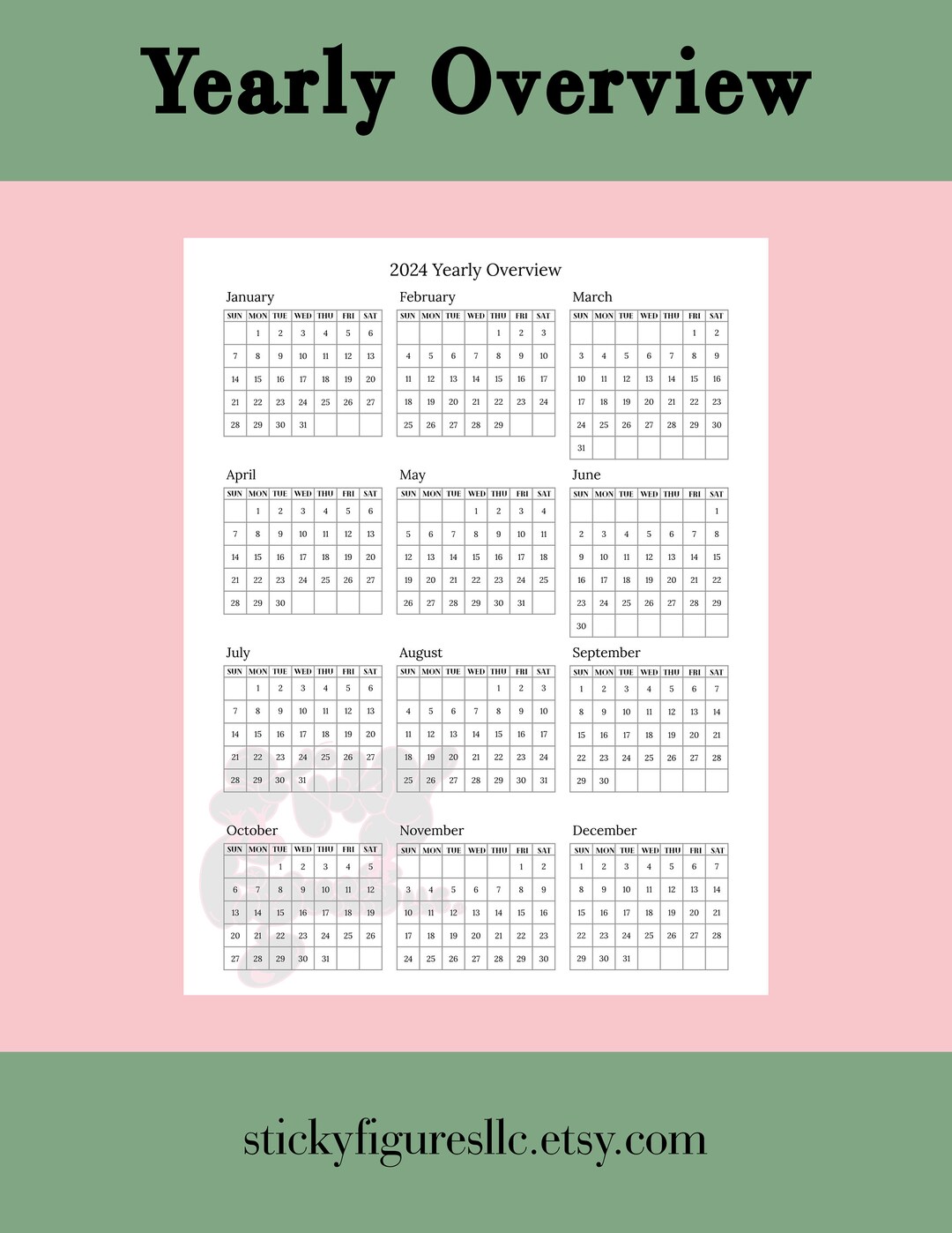 2024 Year Calendar, Printable Wall Calendar 2024, Year Overview 2024 ...