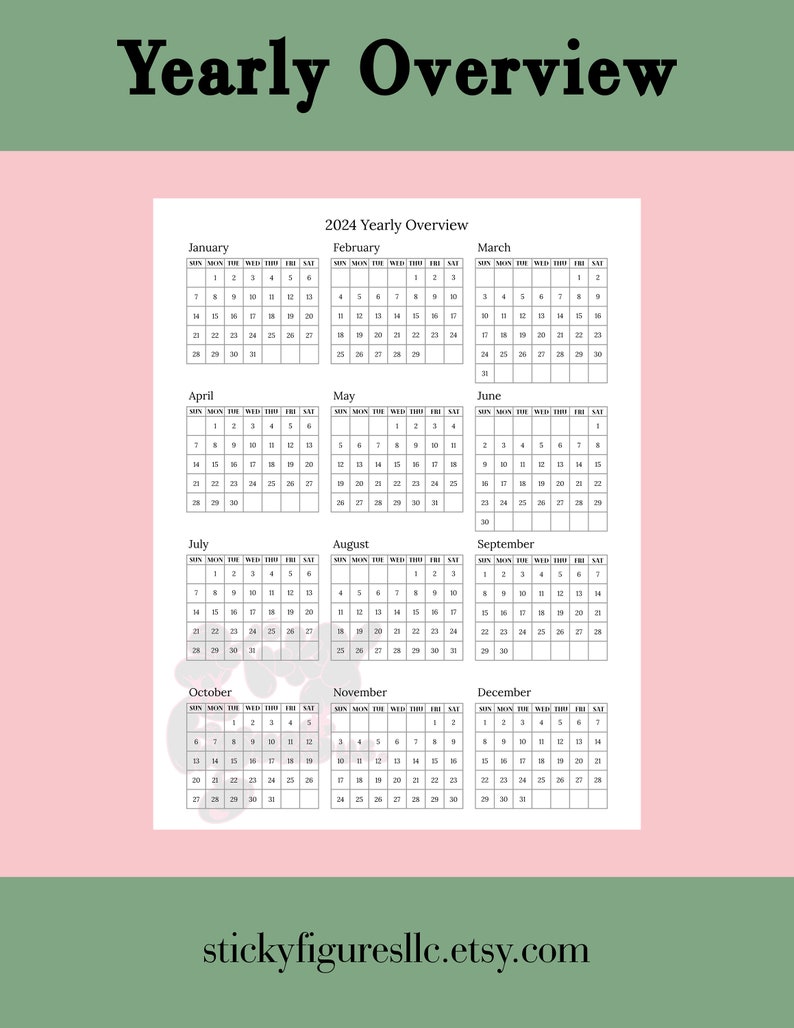 2024 Year Calendar, Printable Wall Calendar 2024, Year Overview 2024 ...