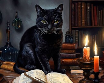 Gray Striped Cat Dark Academia Library Dark Art Decor Mystic Aesthetic ...