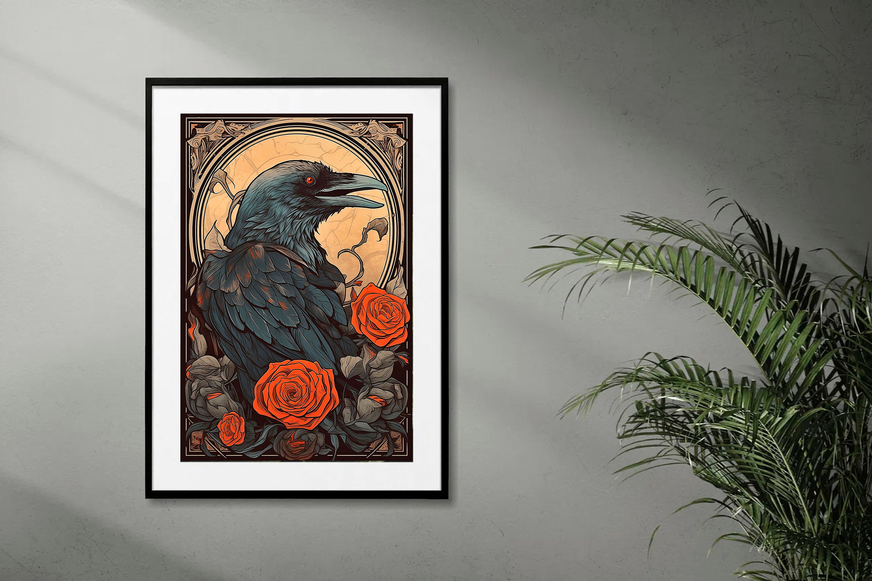 Raven and Red Roses Halloween Art Nouveau Illustration Art Deco Wall ...