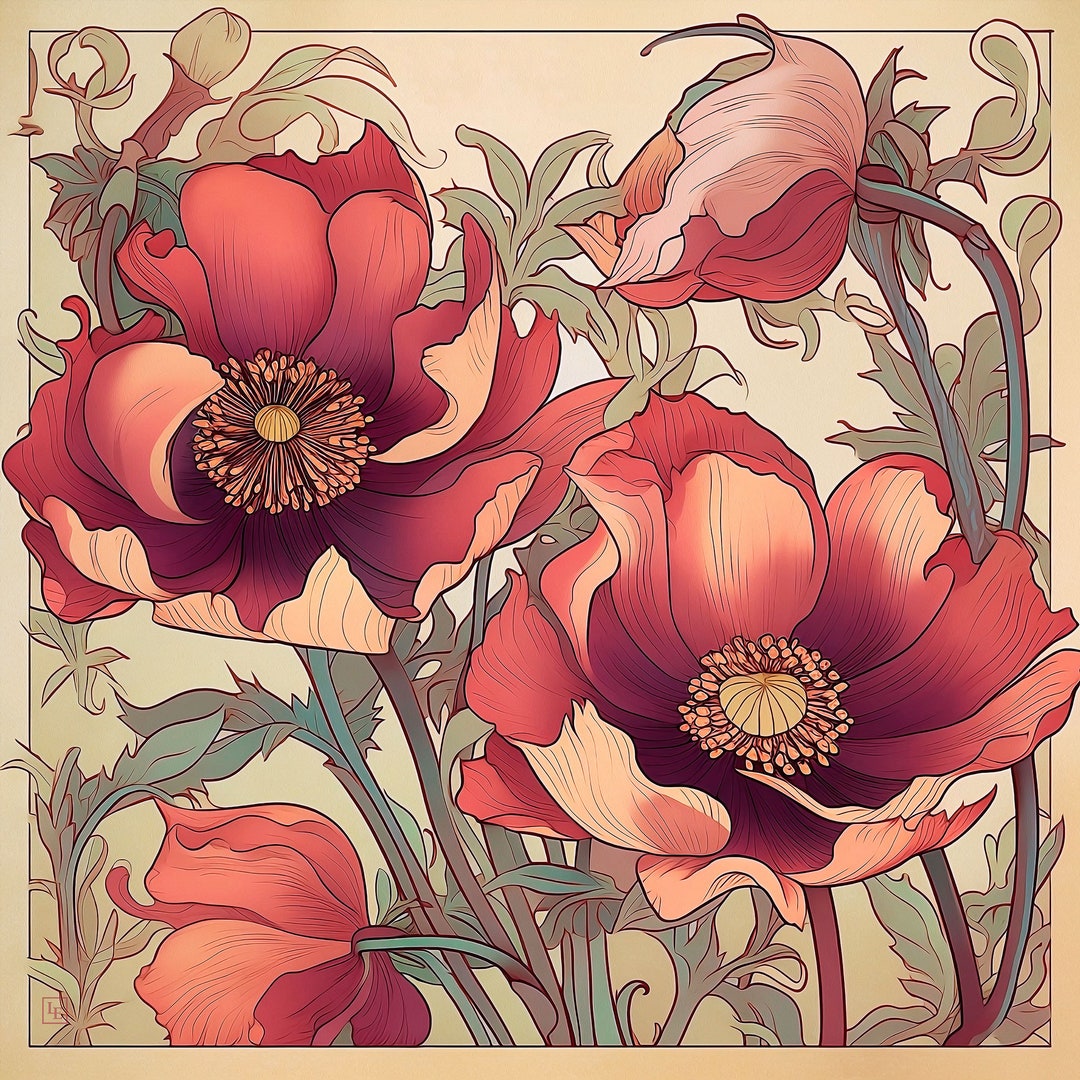 Red Anemone Floral Illustration Digital Artwork Art Nouveau Flower ...