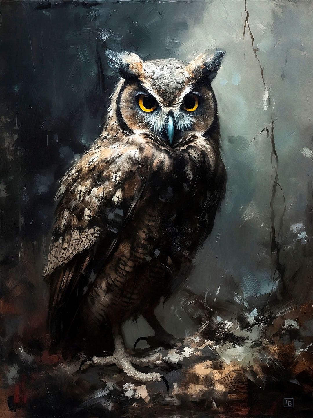 Dark Owl Oil Painting Inspired Instant Download Gothic Victorian Farmhouse Country Decor Horned ...