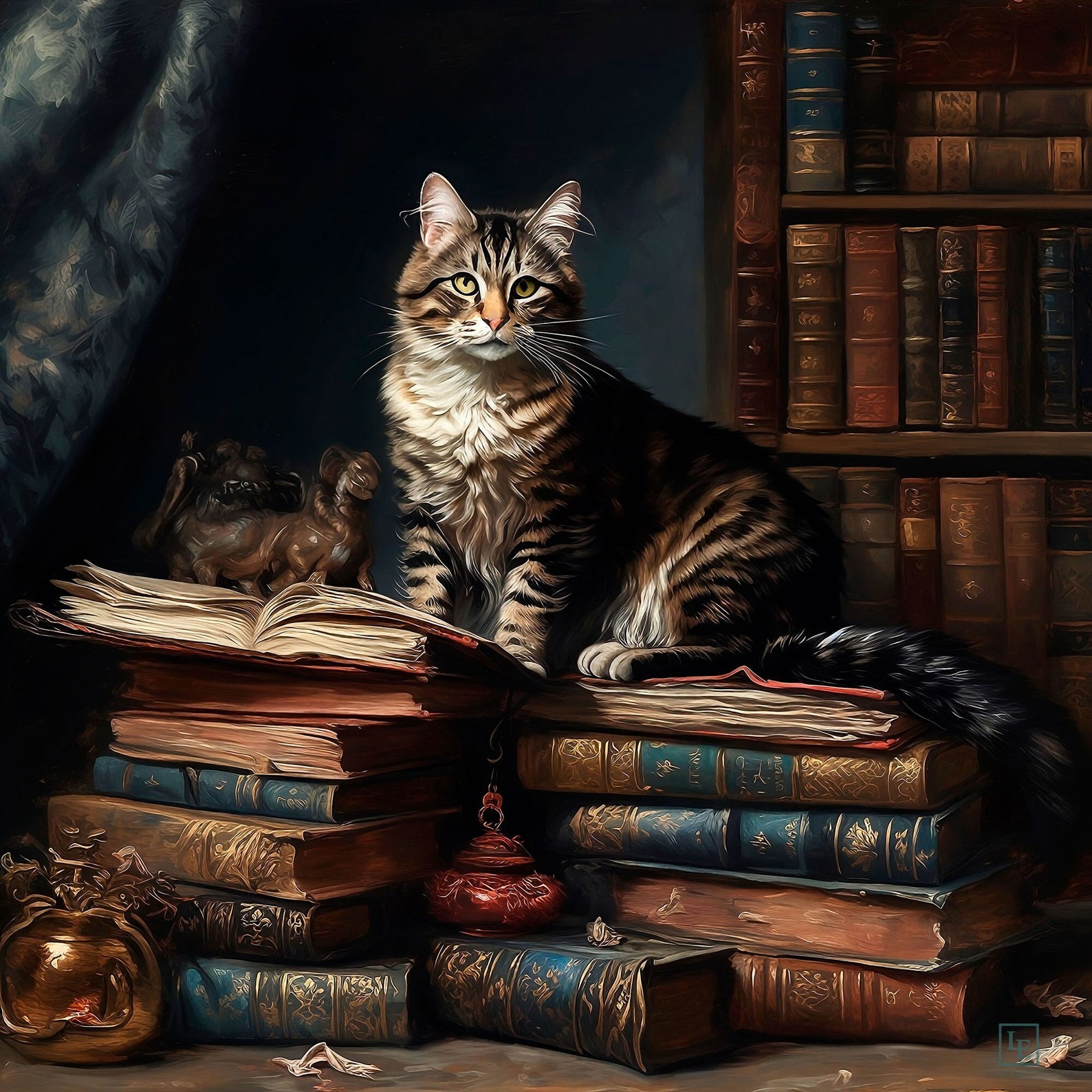 Gray Striped Cat Dark Academia Library Dark Art Decor Mystic Aesthetic ...