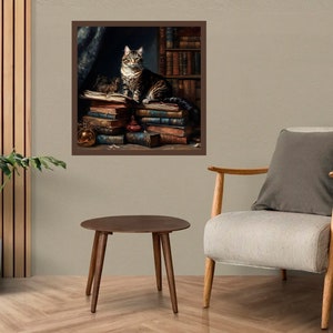 Gray Striped Cat Dark Academia Library Dark Art Decor Mystic Aesthetic ...