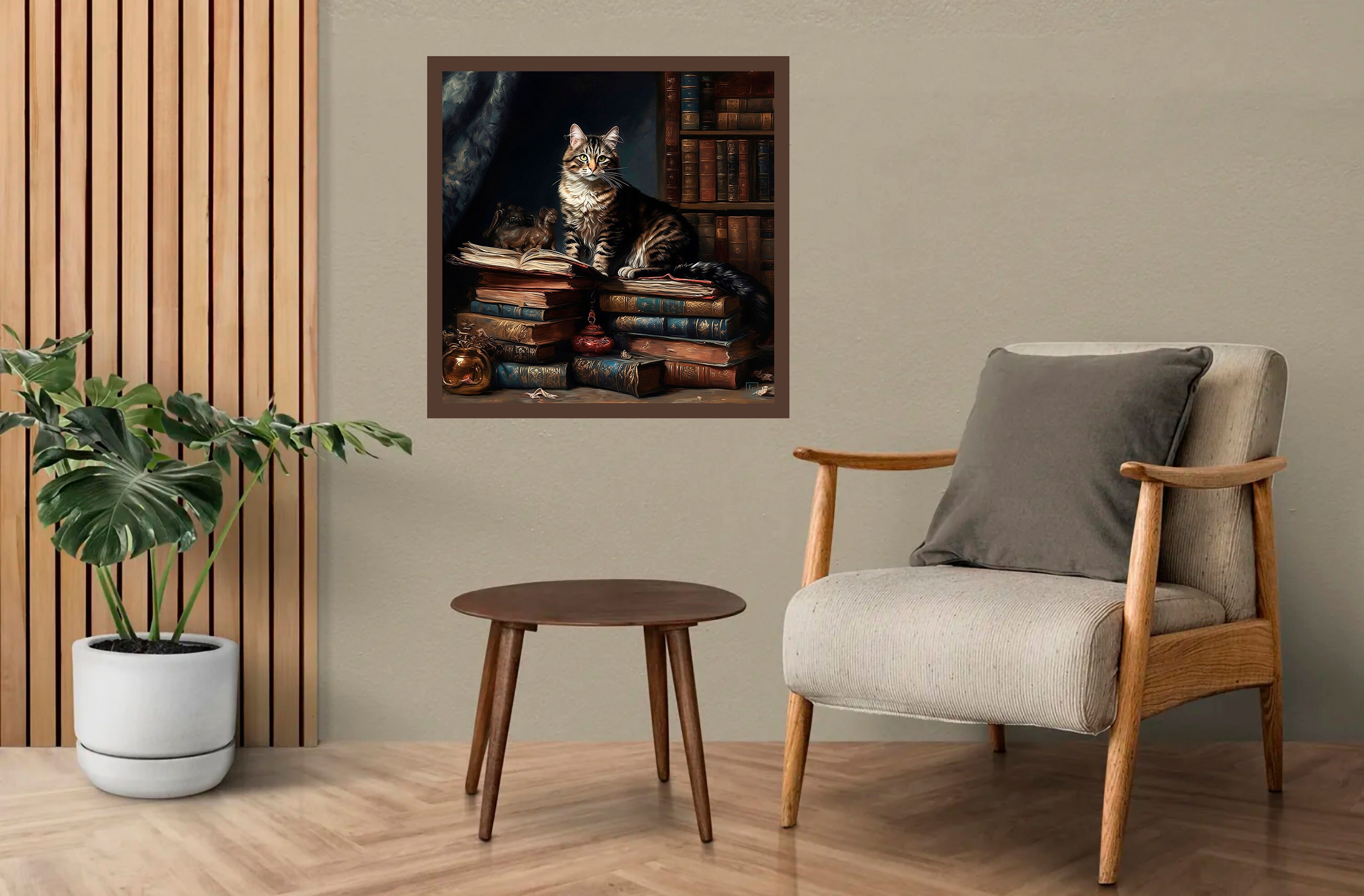 Gray Striped Cat Dark Academia Library Dark Art Decor Mystic Aesthetic ...