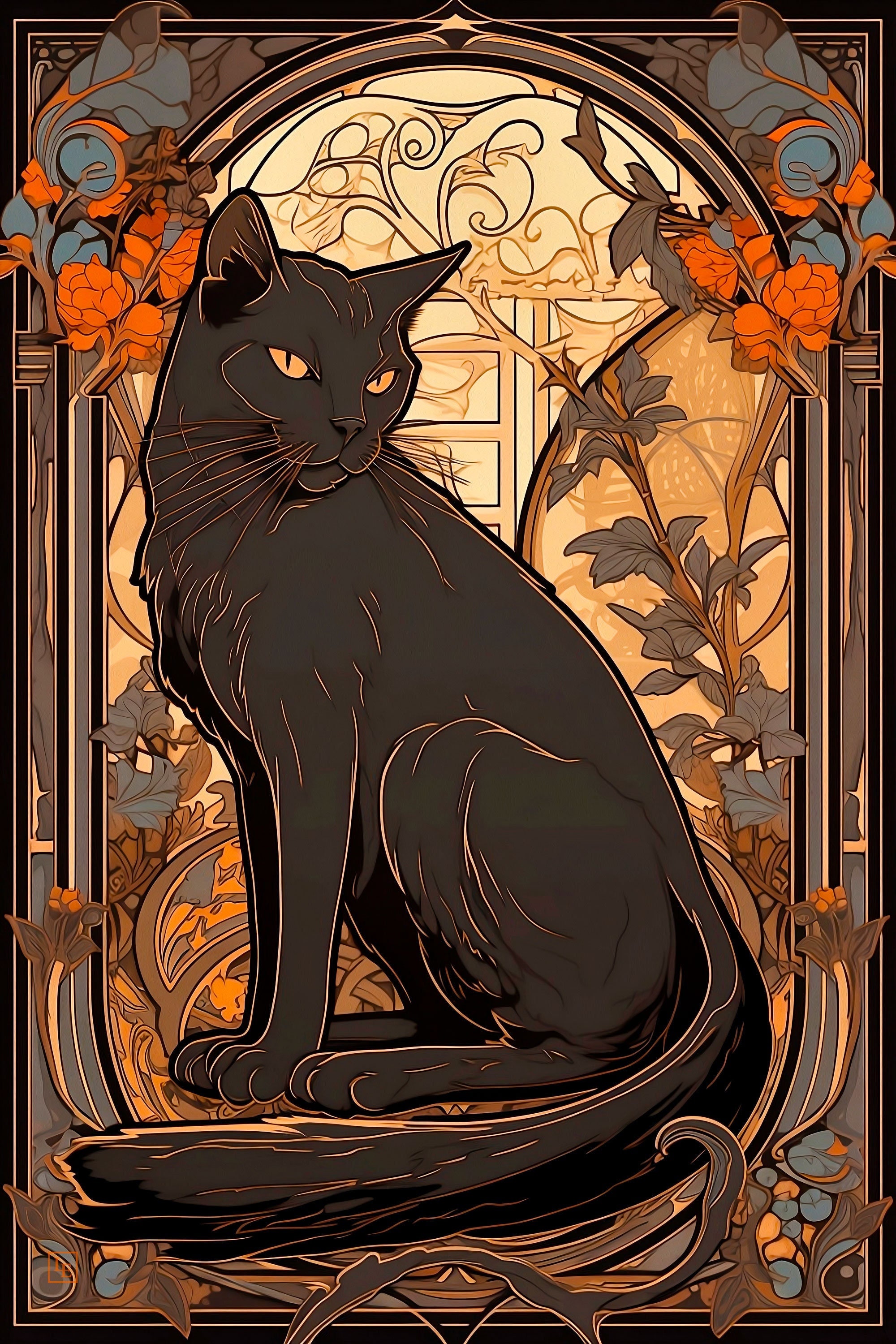 Black Cat Art Nouveau Decor Mystic Cat Illustration Art Deco Cat Printable Digital Download Cat ...