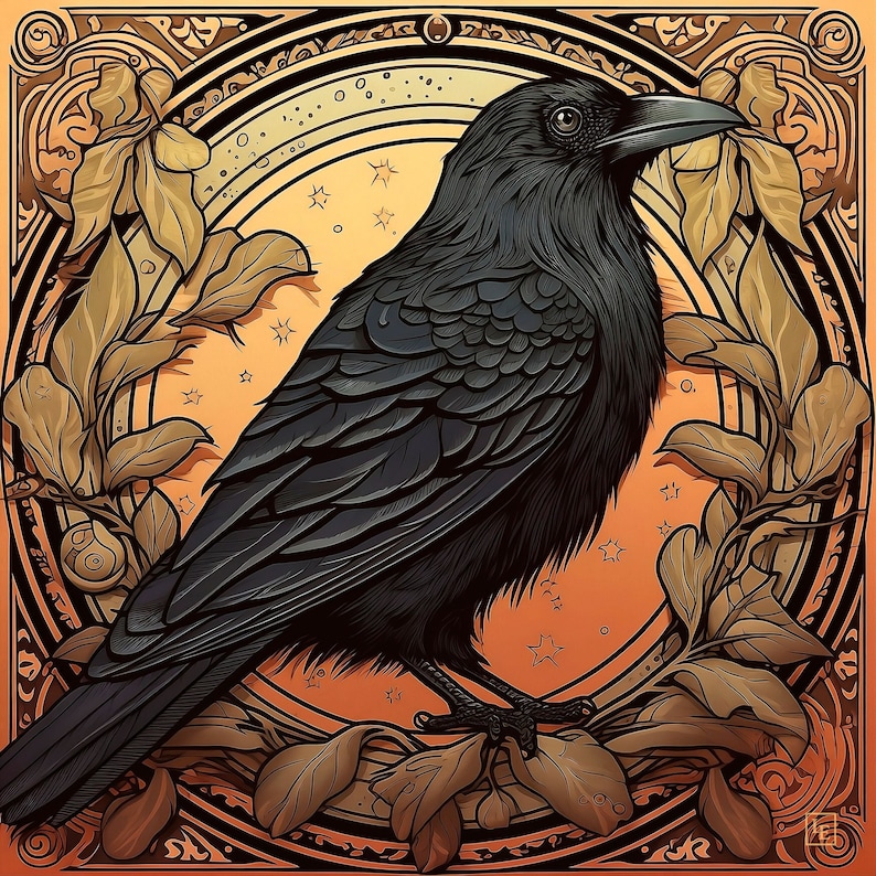 Crow Raven Illustration Art Nouveau Autumn Art Deco Animal Printable ...
