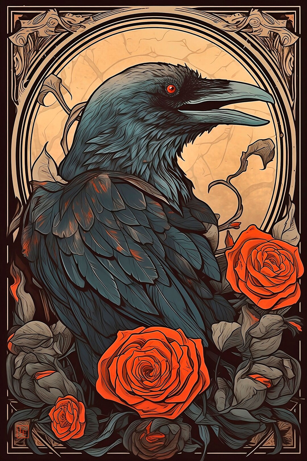Raven and Red Roses Halloween Art Nouveau Illustration Art Deco Wall ...