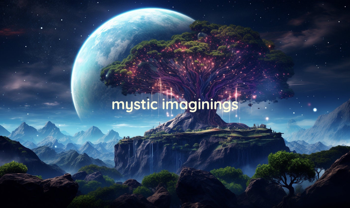 Magic Tree Fantasy Art, Cosmic Background, Huge Planet/moon. Huge Tree ...