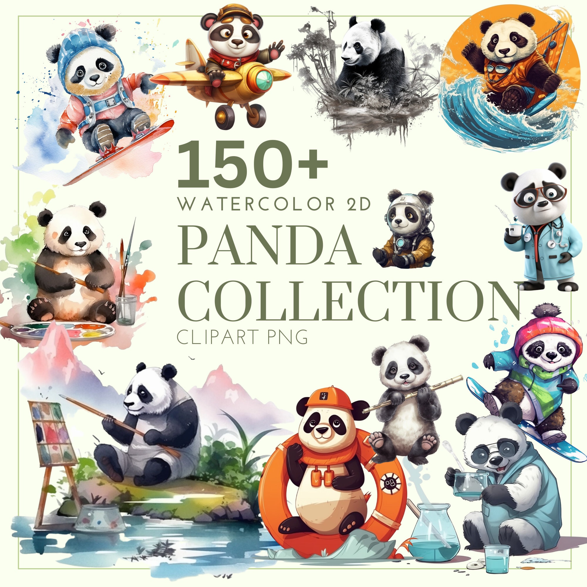 Panda Paradise: 50 Playful Panda Designs, Watercolor / 2D Graphics ...