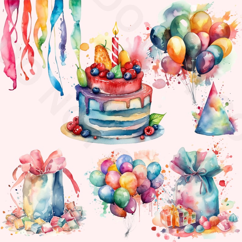 25 Watercolor Birthday Party Clipart Bundle, Children's Party PNG ...