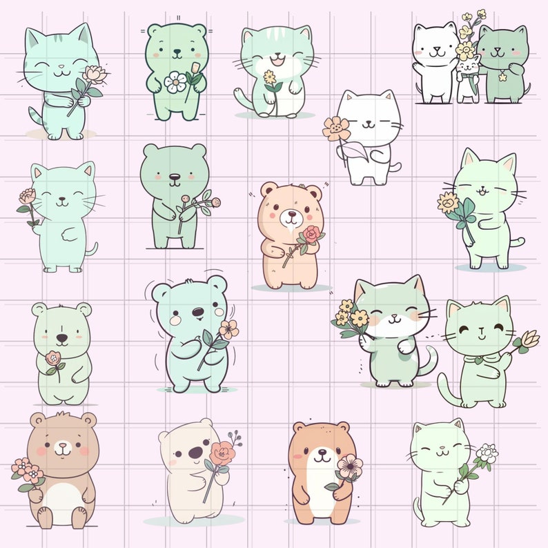 Doodle Cats and Bears Clipart Set Green Cat Clipart Pink Bear Images ...