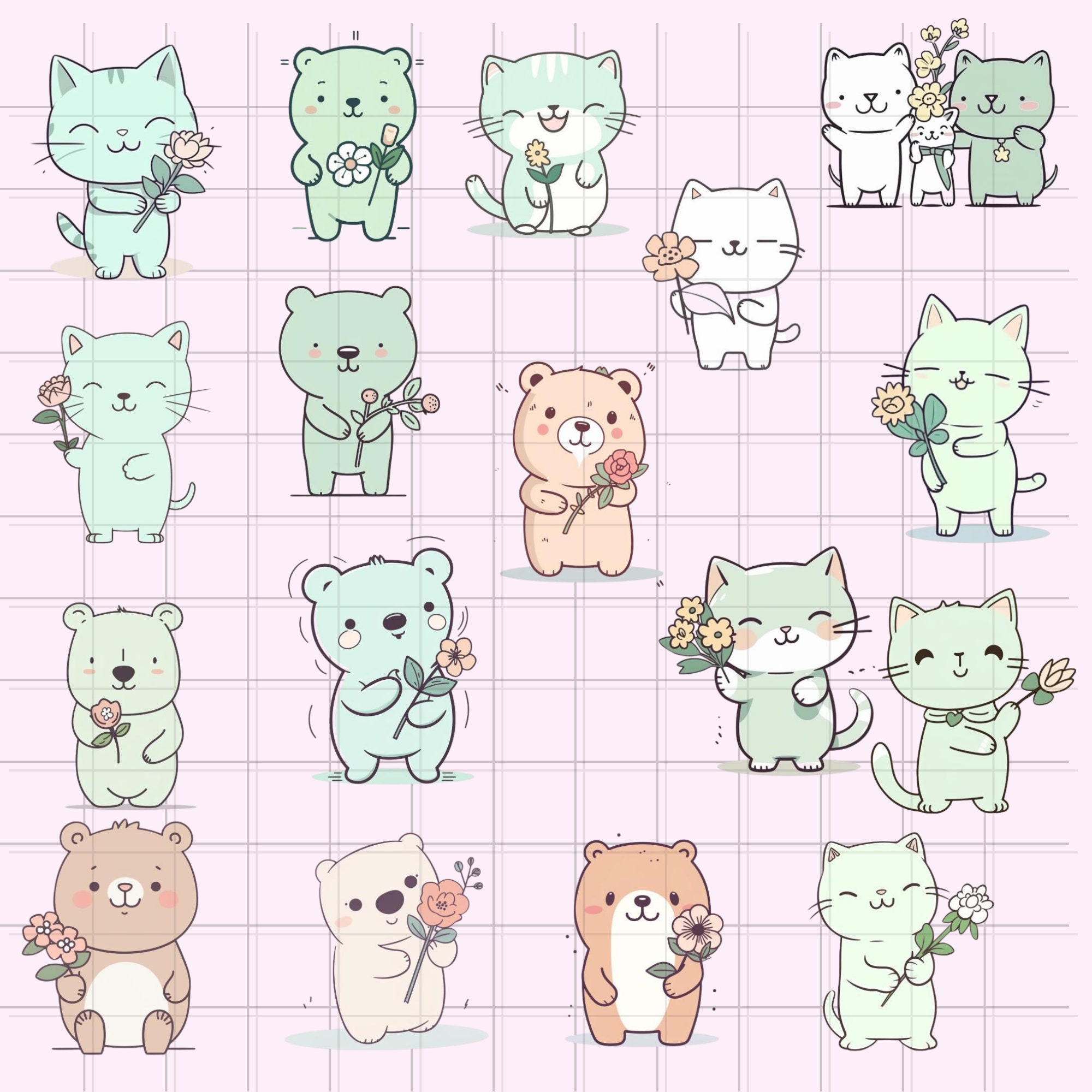 Doodle Cats and Bears Clipart Set: Pink & Green Animal Images - Etsy