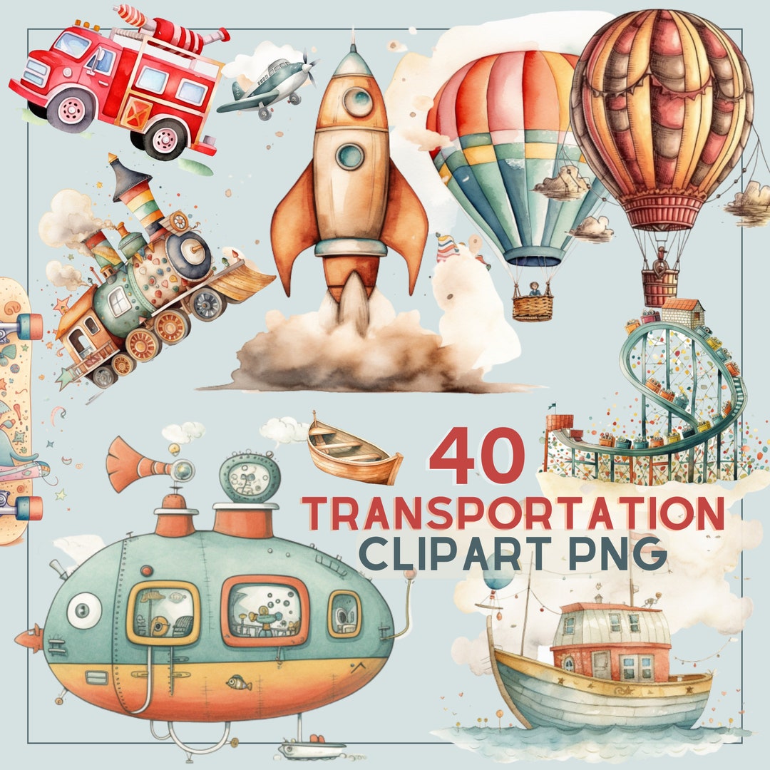 Transportation Clipart Set: 40 Whimsical Nursery Illustrations (PNG) - Etsy
