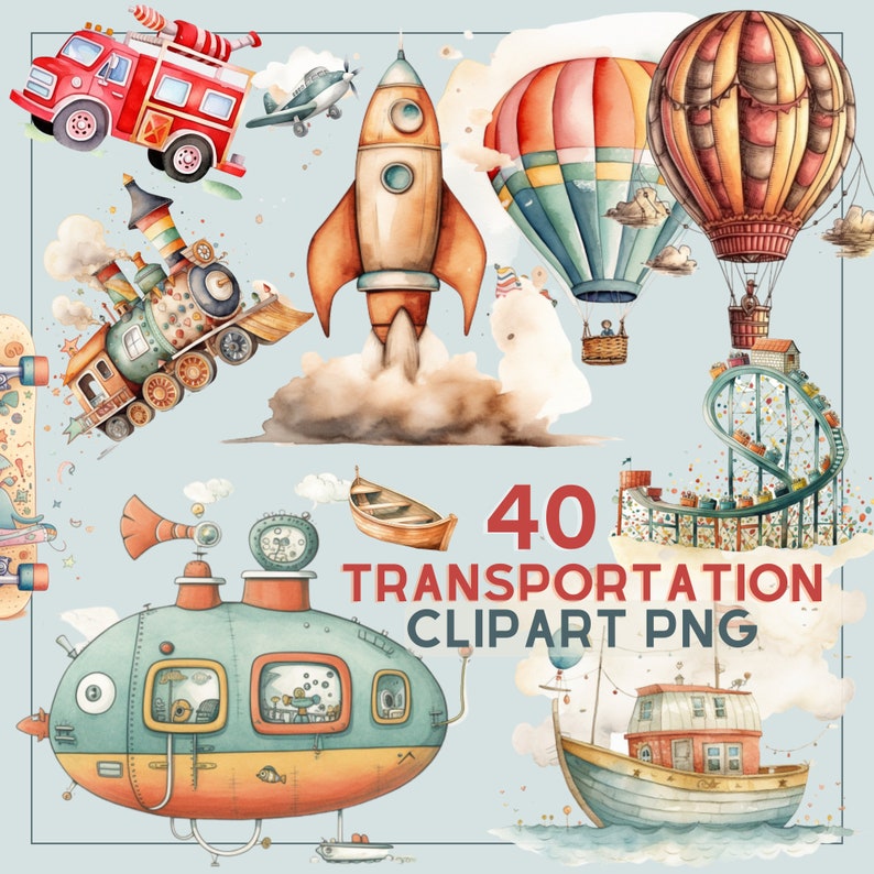 Transportation Clipart Set: 40 Whimsical Nursery Illustrations (PNG) - Etsy
