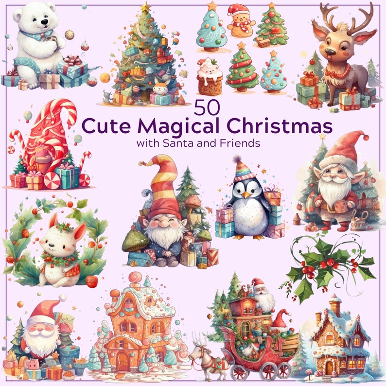 Cute Magical Christmas Friends Clipart, 50 Cute Santa Illustrations ...