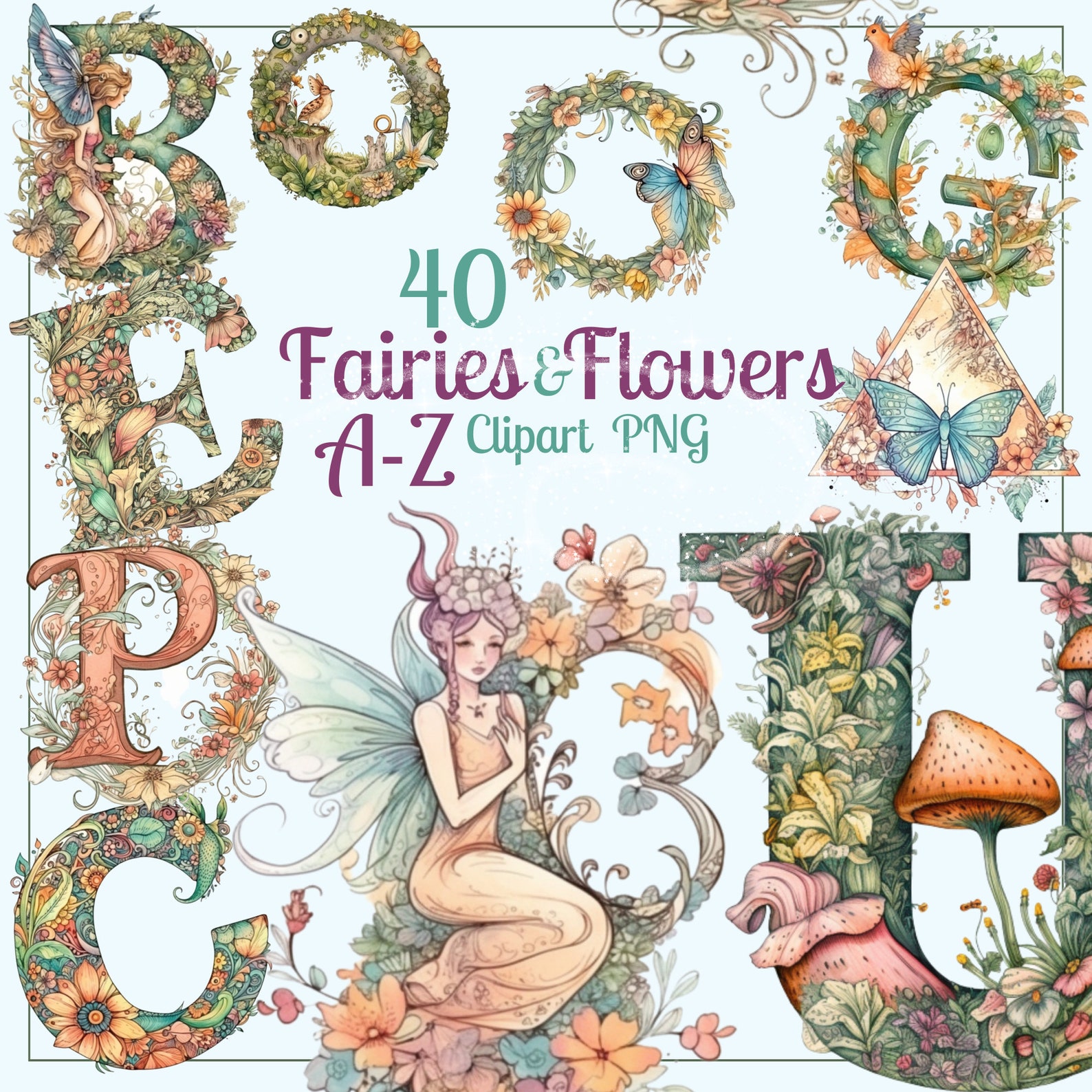 Magical Fairy and Flowers Alphabet Clipart Collection: Colorful A-Z PNG ...