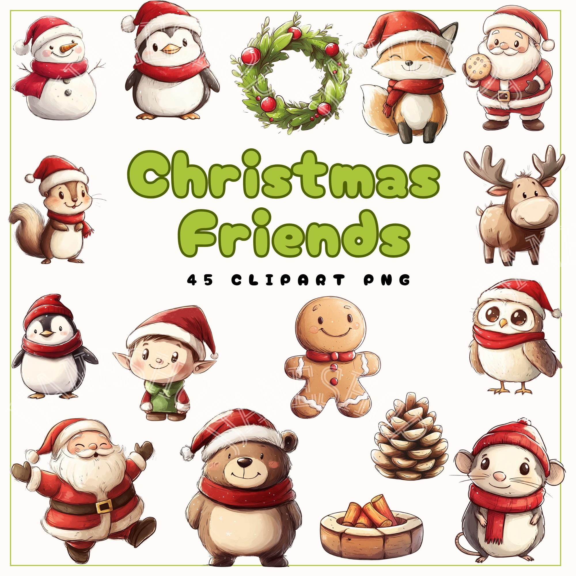 Christmas Friends Clipart Bundle, Cute Santa Clipart, Christmas Animal ...