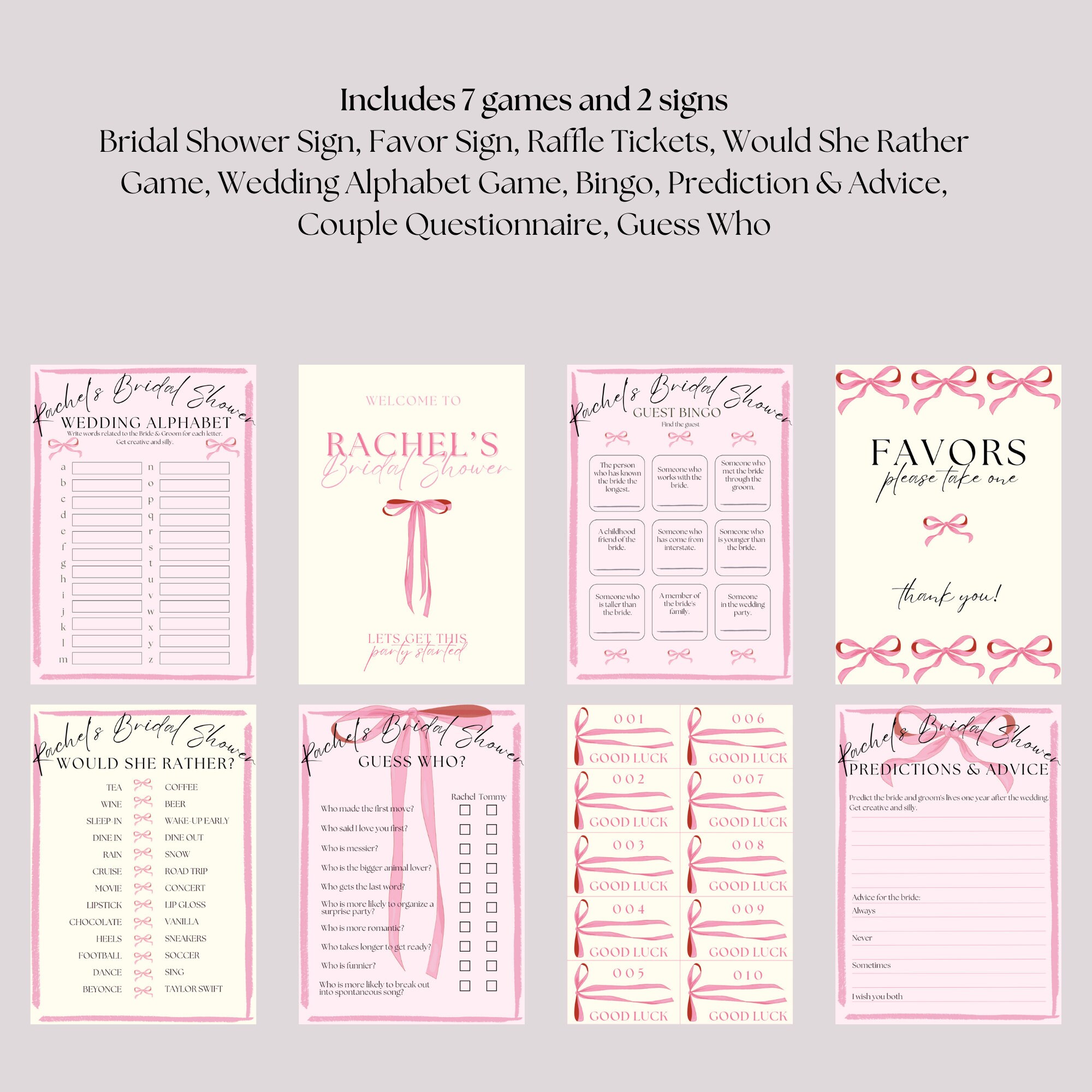 Pink Bow Bridal Shower Game Bundle Pink Ribbon Themed Bachelorette ...